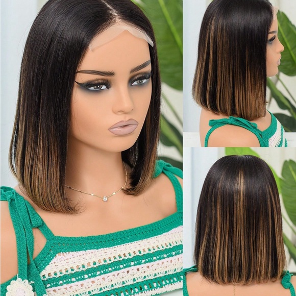 Hair | Sleek Bob Lace Front Human Hair Wig Ombre Brown | Poshmark